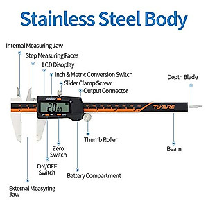 TYTURE Digital Calipers 6 inch Caliper Measuring Tool with Stainless Steel Body Auto Off Featured Vernier Caliper