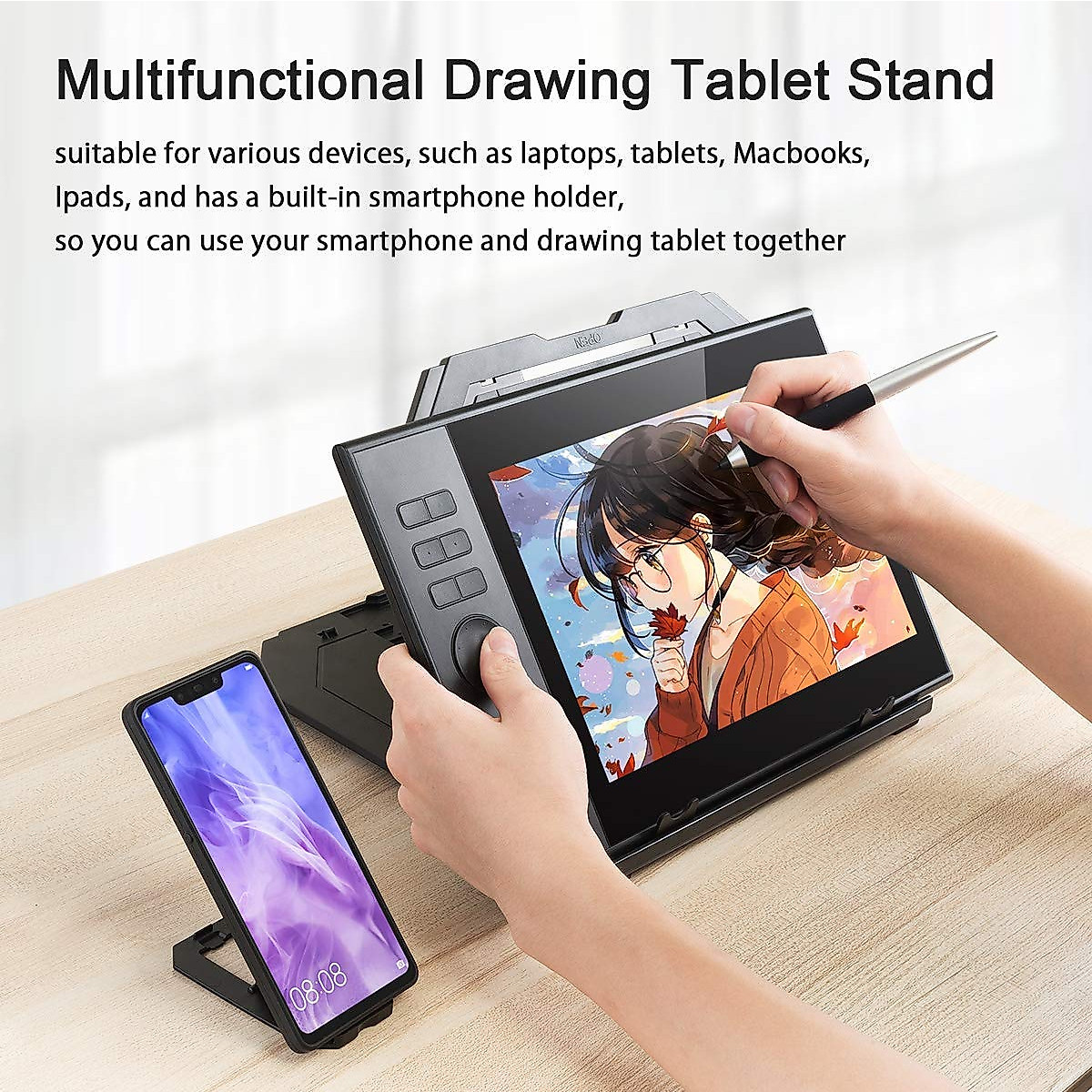 Frunsi Drawing Tablet Stand, Laptop Stand, Foldable Stand for Tablet Display, 9 Levels Adjustable Angles with a Built-in Phone Holder, for 12-17 inch Drawing Tablet, Smartphones