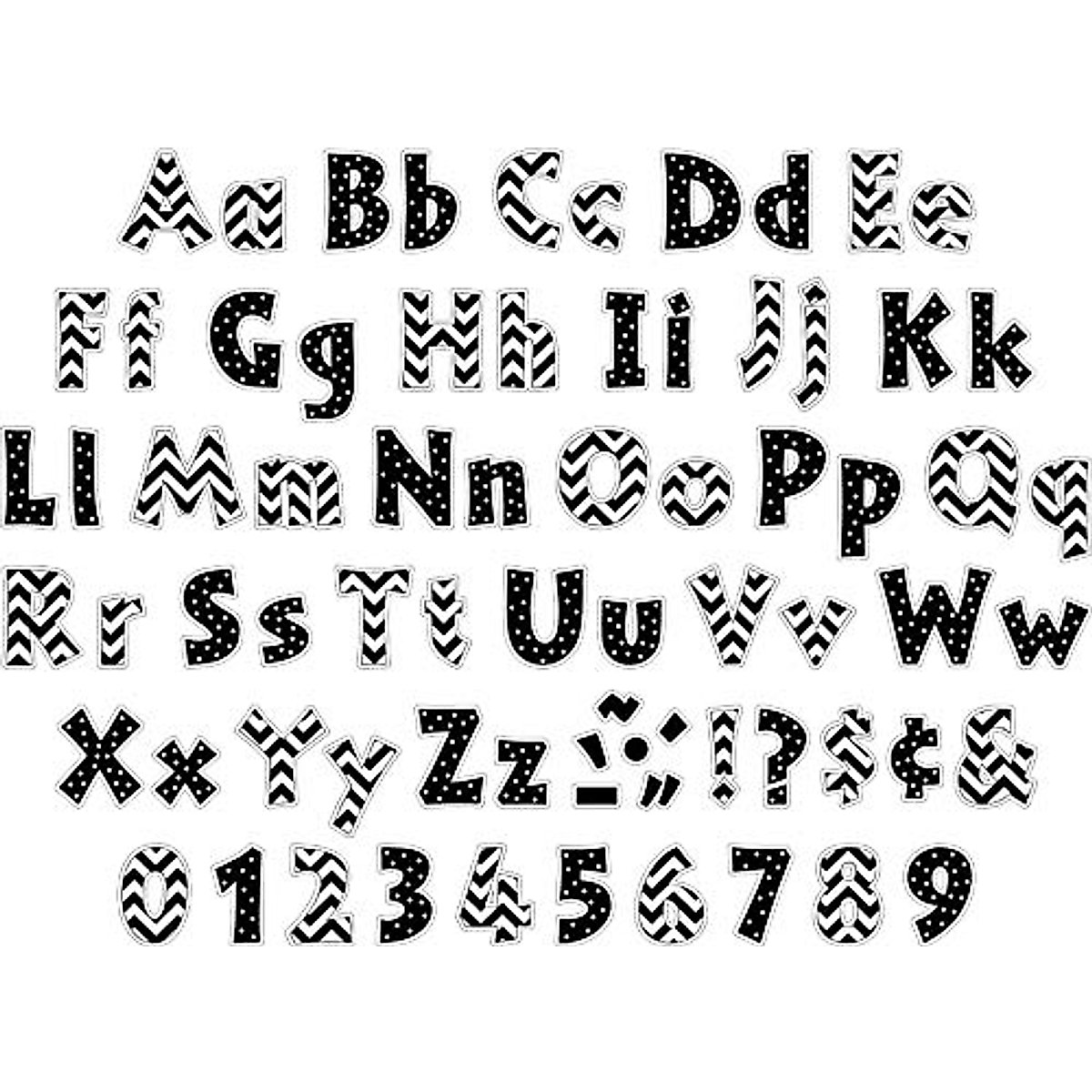 Barker Creek Letter Pop-Out Set of 3, 4" Chevron, Mixed-Design, 255 Upper and Lowercase Letters, Numbers, and Punctuation Marks in Each of 3 Designs, 765 Characters Total (4303)