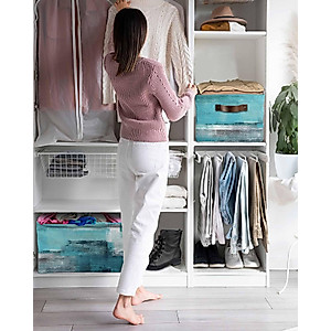 Abstract Storage Basket Turquoise Painting Large Foldable Storage Bins with Handles Modern Art Teal Gray Waterproof Fabric Laundry Baskets for Organizing Shelves Closet Toy Gifts Bedroom Home Decor