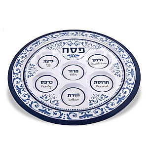 Passover Seder Plates 12" Melamine - 6 Section Plate Marked with Symbolic Pesach Seder Foods - Round Seder Tray for Adults, Children by Zion Judaica - Blue Floral Renaissance Single Passover Plate