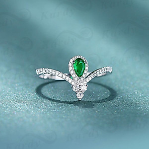 Amazing Elegant Deep V Shape Natural Emerald Gemstone Diamond Solid 14K White Gold Engagement Wedding Promise Ring for Women