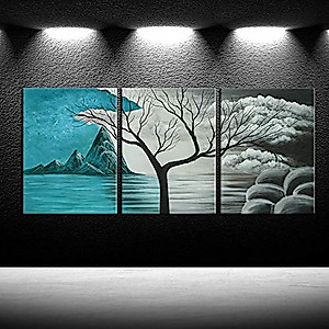 iKNOW FOTO 3pcs Grey and Teal Canvas Wall Art Abstract Cloud Tree Pictures Contemporary Landscape Giclee Artwork Painting Decorative Panels for Walls Bathroom Master Bedroom Decor 12x16inchx3pcs