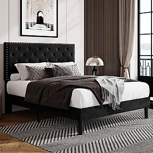 Allewie Full Size Velvet Upholstered Platform Bed Frame with Adjustable Diamond Button Tufted and Nailhead Trim Headboard, Wood Slat Support, Easy Assembly, No Box Spring Needed, Black