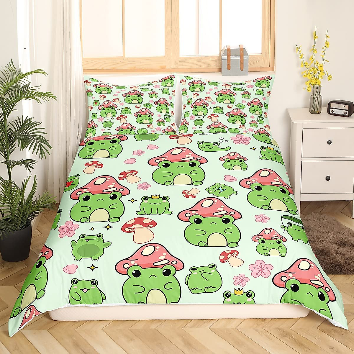 Mushroom Frog Duvet Cover Set Twin Size Cute Mushroom Bedding Set 2pcs for Kids Girls Boys Bedroom Decor Cartoon Animals Plants Comforter Cover Pink Green Quilt Cover,1 Pillowcase