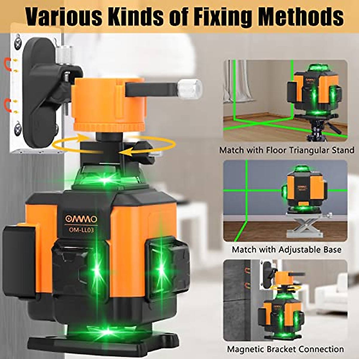 OMMO Laser Level, 16 Lines Green Laser Level Self Leveling Tool, 150ft Cross Line Laser Beam Tool, Two Vertical and Two Horizontal Lines with Wall Bracket/Remote Controller (16 Lines)
