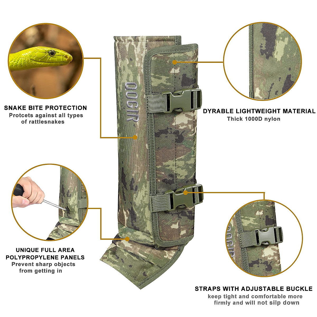 QOGIR Snake Gaiters for Hunting: Durable Snake Guards, Snake Gaiter Leggings for Men & Women, Snake Bite Protection for Lower Legs, Snake Proof Gaiters with Adjustable Size(Camo)