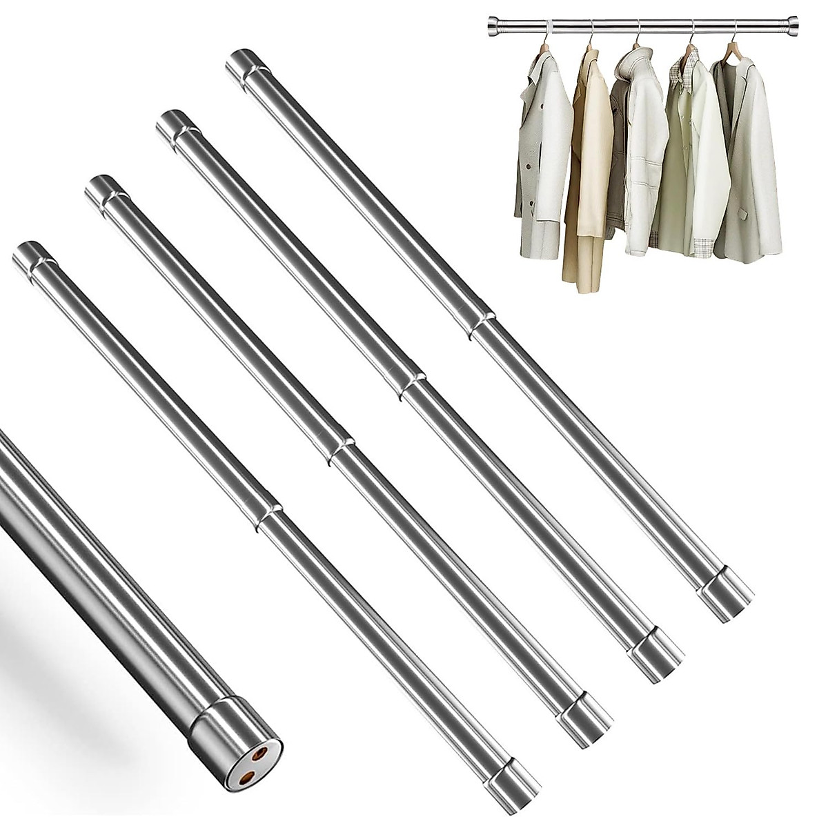 RHBLME 4 Pack Adjustable Closet Rod for Hanging Clothes, 12.2 to 20.1 Inch Stainless Steel Clothing Hanger Telescopic Rod, Heavy Duty Closet Hanging Rod Silver Closet Poles for Wardrobes