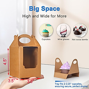 Shallive Cupcake Boxes 50pcs, Individual Cupcake Containers Brown with Window Insert and Handle, Pastry Box Single Muffins Holder Disposable for Bakery Wrapping Party Favor Packaging