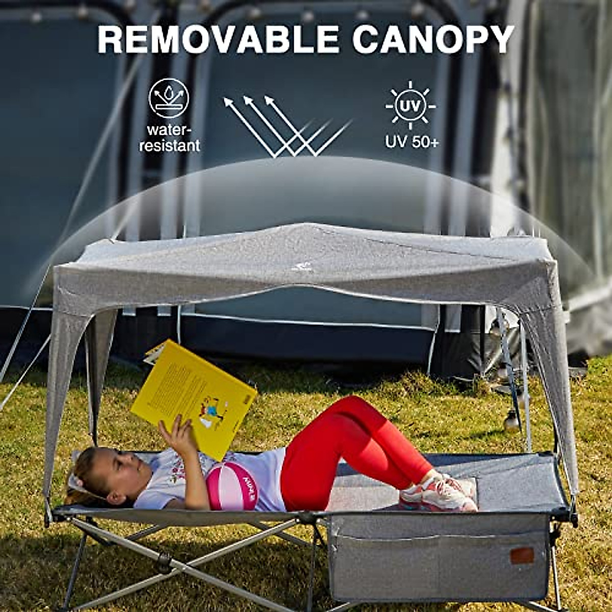 EVER ADVANCED Portable Deluxe Toddler Sleeping Cot with Canopy, Foldable Kids Camping Cot Travel Bed, with Carry Bag, for Indoor & Outdoor,140lbs, Grey
