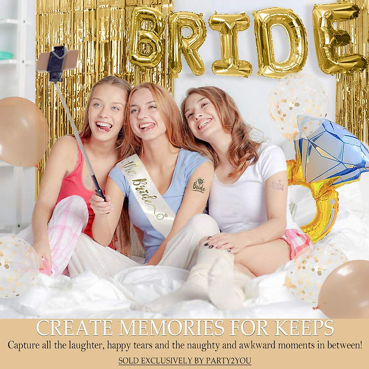 PARTY2YOU Bachelorette Party Gold Decorations | Bridal Shower Supplies Kit - Bride Sash, XL Ring Balloon, Gold Curtain, BRIDE, Latex Balloons, eco Friendly Gold Straws