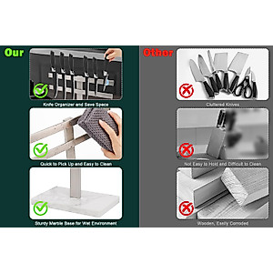 BathAce Magnetic Knife Block Holder Stand with Marble Base for Countertop, Stainless Steel Knife Rack with Strong Enhanced Magnets Strip for Kitchen Utensil and Tool Organizers, Brushed Nickel