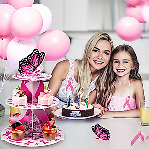 Cholemy Breast Cancer Awareness Party Decoration 3 Tier Round Cardboard Cupcake Stand Pink Ribbon Dessert Cupcake Decoration Cancer Awareness Serving Tray for Women Breast Cancer Survivors Gift