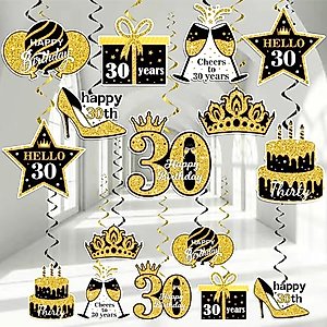 30th Birthday Decorations for Women Hanging Swirls Black Gold Dirty 30 Birthday Decorations for Her Ceiling Hanging Party Decor Happy 30th Birthday Decorations for Girls Women Thirty Birthday Party