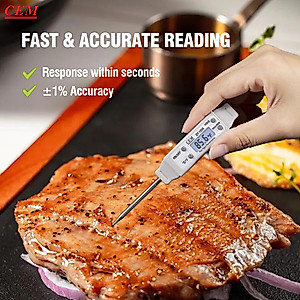 CEM Instant Read Digital Meat Thermometer for Food, Bread Baking, Water and Liquid. Waterproof and Long Probe with Meat Temp Guide for Cooking, Display with Backlit (White), DT-133A