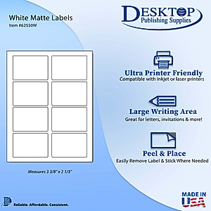 Adhesive Name Tag Stickers, 8 Labels per Sheet, 3 3/8" x 2 1/3" - 25 Sheets / 200 Labels - White Matte Finish Printable Badges for Inkjet/Laser Printers