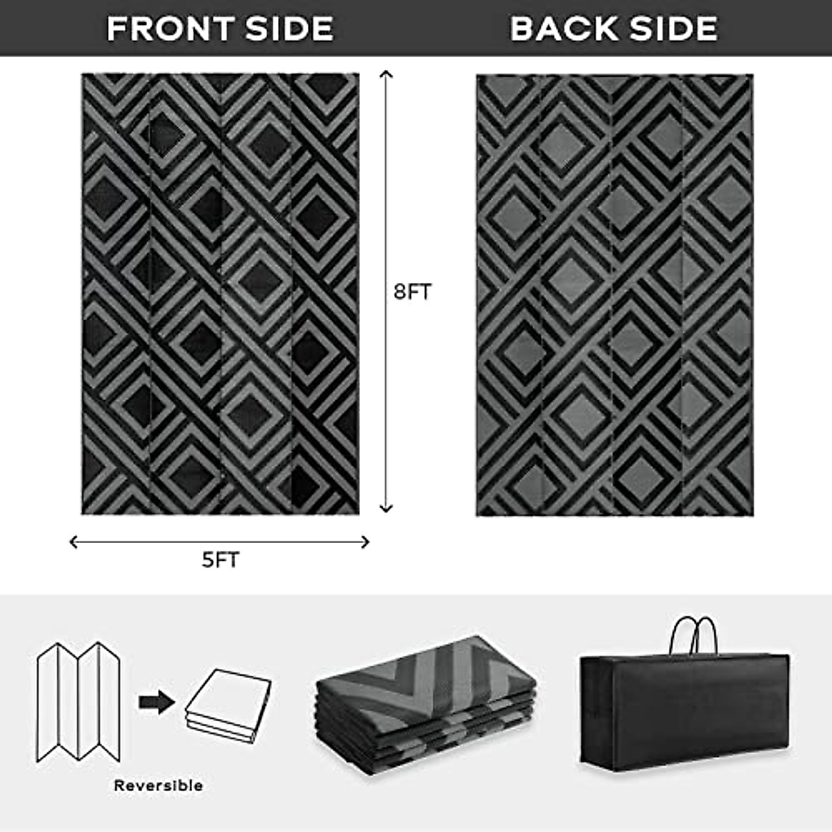 Ashler Outdoor Plastic Straw Rug Waterproof for Patio, Clearance Reversible Camping Mats, 5x8 Large Outdoor Area Rugs with Carrying Bag, for RV, Picnic, Backyard, Indoor, Dark Grey