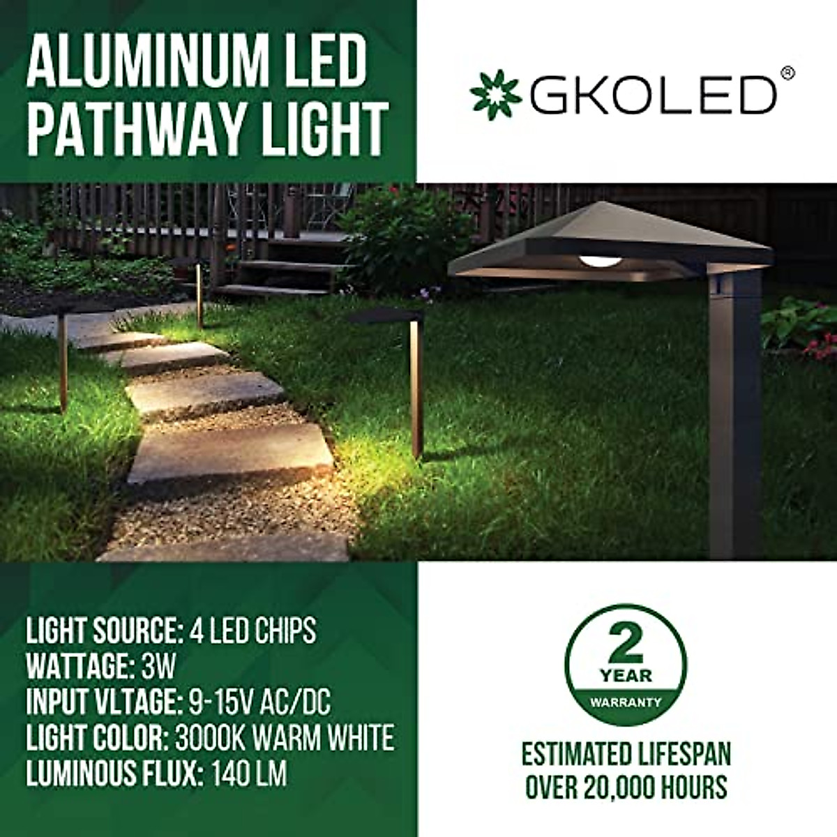 GKOLED 6 Pack Low Voltage LED Landscape Pathway Light, Outdoor Garden Yard Walkway Sidewalk Driveway Lighting, Waterproof Path Lights with Large Stake, 3W 3000K, Die-cast Aluminum Housing, Black