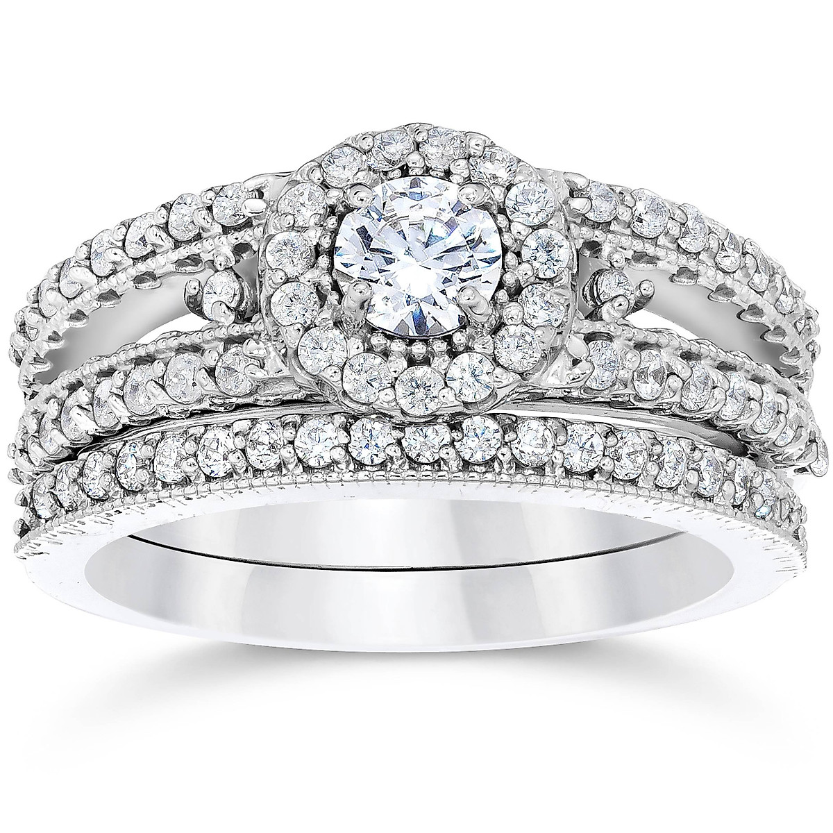 1 Carat Vintage Halo Diamond Engagement Wedding Ring Set 14K White Gold - Size 6