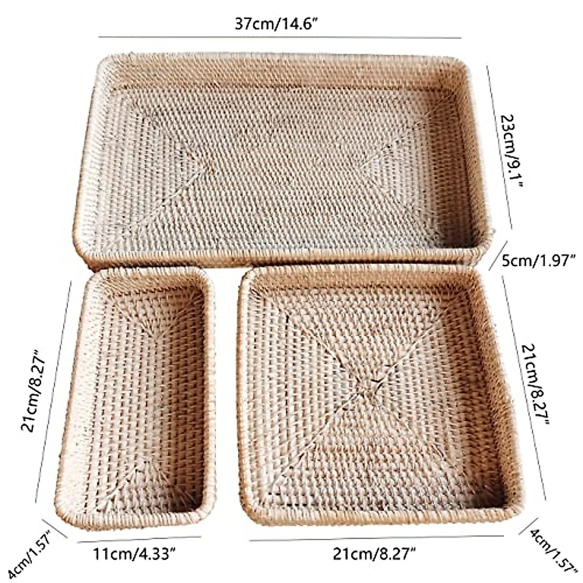 Set of 3 Handmade White Rattan Rectangle Serving Tray Washed White Wicker Serving Organizer Tabletop Fruit Platter with 2”Wall 14 Inch Decorative Bread Drinks Snack Storage Serving Basket Tray