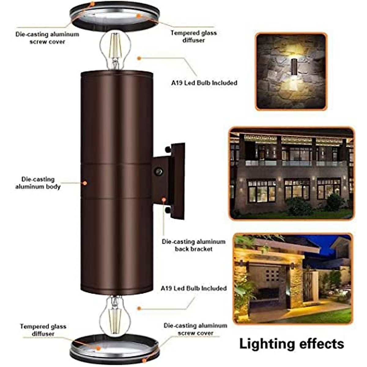 rosykite Outdoor Wall Lights Dusk to Dawn Exterior Lighting Fixtures Wall Mount - 2 Light Bulbs Included, Modern Sconces Wall Lighting- Up Down Exterior Outdoor Lights for Porch, Backyard and Patio