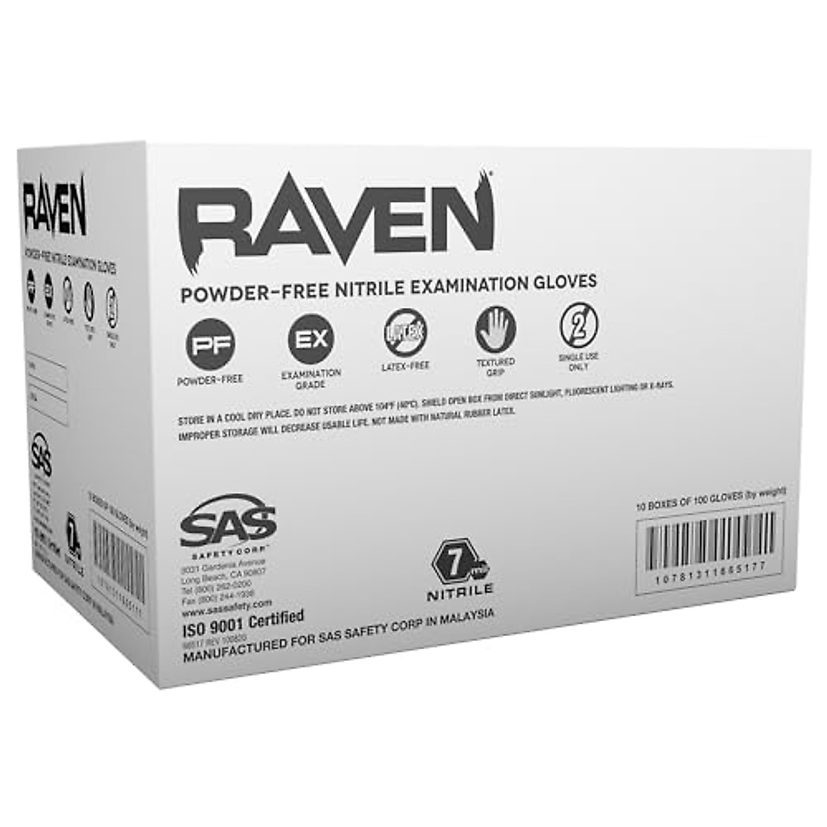 Raven SAS Safety 66518 6 mil Black Nitrile Disposable Gloves 7 Mil - Large - 10 Pack(100 Gloves per Box)