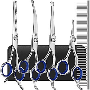 Dog Grooming Scissors Kit with Safety Round Tips, 4CR Stainless Steel Professional 6 in 1 Grooming Scissors for Dogs, Heavy Duty Titanium Coated Sharp & Durable Dog Thinning Shears For Pets, Blue