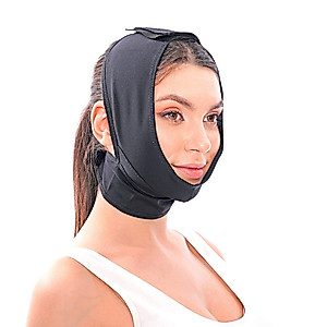 Post Surgery Facial Compression Neck Coverage Chin Strap, V-Shaped Face Slimmer, Jowl Tightening Chin Lifting Double Chin Reducer Band (M/L, Black)