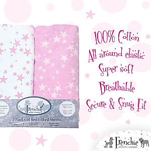 Frenchie Mini Couture Fitted Crib Sheets 100% Woven Cotton Fits Toddler Mattress, Pink Stars, 70 x 140 x 20cm, 2-Pack