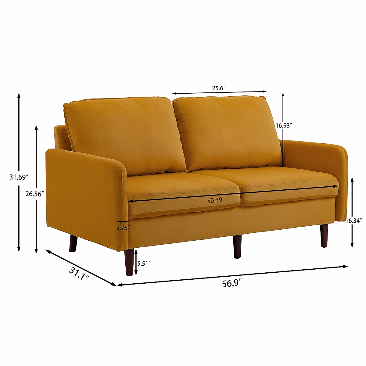 UIXE Modern Loveseat Sofas Living Room Love Seat 2 Seater Chair, Small Sofa Couch Love Seats Mid Century Upholstered Accent Chairs for Bedroom (Yellow)
