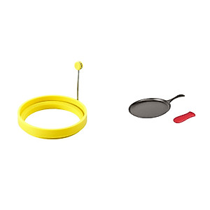 Lodge 10.5 Inch Seasoned Cast Iron Griddle and Hot Handle Holder with Yellow Silicone Egg Ring