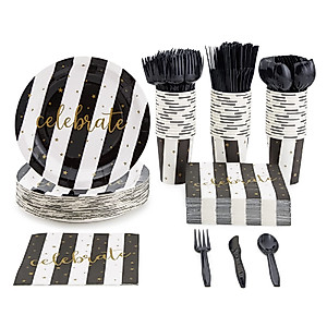 Juvale 144 Piece Black and White Party Supplies - Serves 24 Striped Celebrate Plates, Napkins, Cups and Cutlery Set for Birthday, Graduation