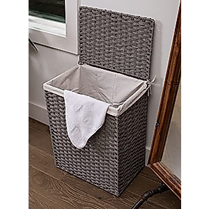 BIRDROCK HOME Single Laundry Hamper with Lid - Grey - Liner Bag - Hand Woven - Small Collapsible Hampers - Foldable Bin - Synthetic PE Rattan - Hand Woven - Clothes Basket