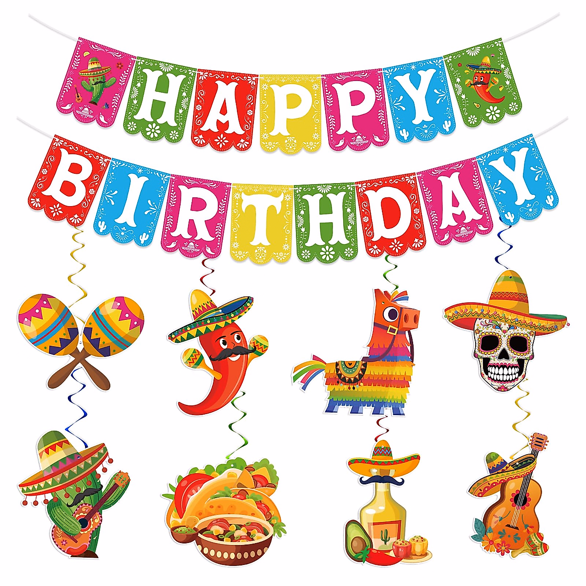 Lemicin 9PCS Mexican Fiesta Party Decorations - 1 PCS Happy Birthday Banner and 8 PCS Cinco de Mayo Mexican Hanging Swirl Party Supplies Mexican Themed Taco Birthday Party for Birthday, Festival