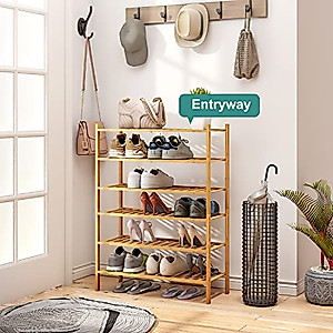 viewcare 6-Tier Bamboo Shoe Rack for Entryway, Stackable | Foldable | Natural, Shoe Organizer for Hallway Closet, Free Standing Shoe Racks for Indoor Outdoor