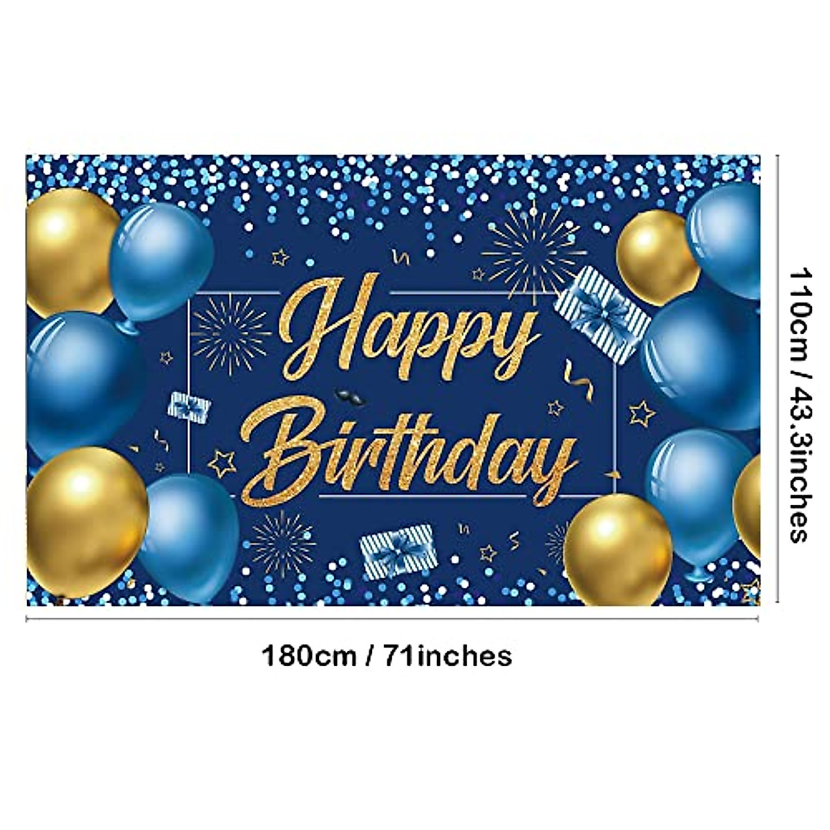 Lovyan Happy Birthday Banner Backdrop Extra Large Fabric Blue Gold Sign Poster Photo Booth Background for Men Women Birthday Anniversary Party Decoration Supplies, 71 x 43.3 Inch (Gift)