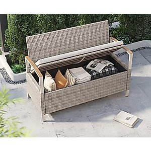 Grand patio Outdoor Storage Bench Deck Box with Olefin Cushion, Wicker Deck Box with Water Resistant Bag, Outdoor Seating for Front Porch, Store Garden Tools and Pool Storage (Warm Gray)
