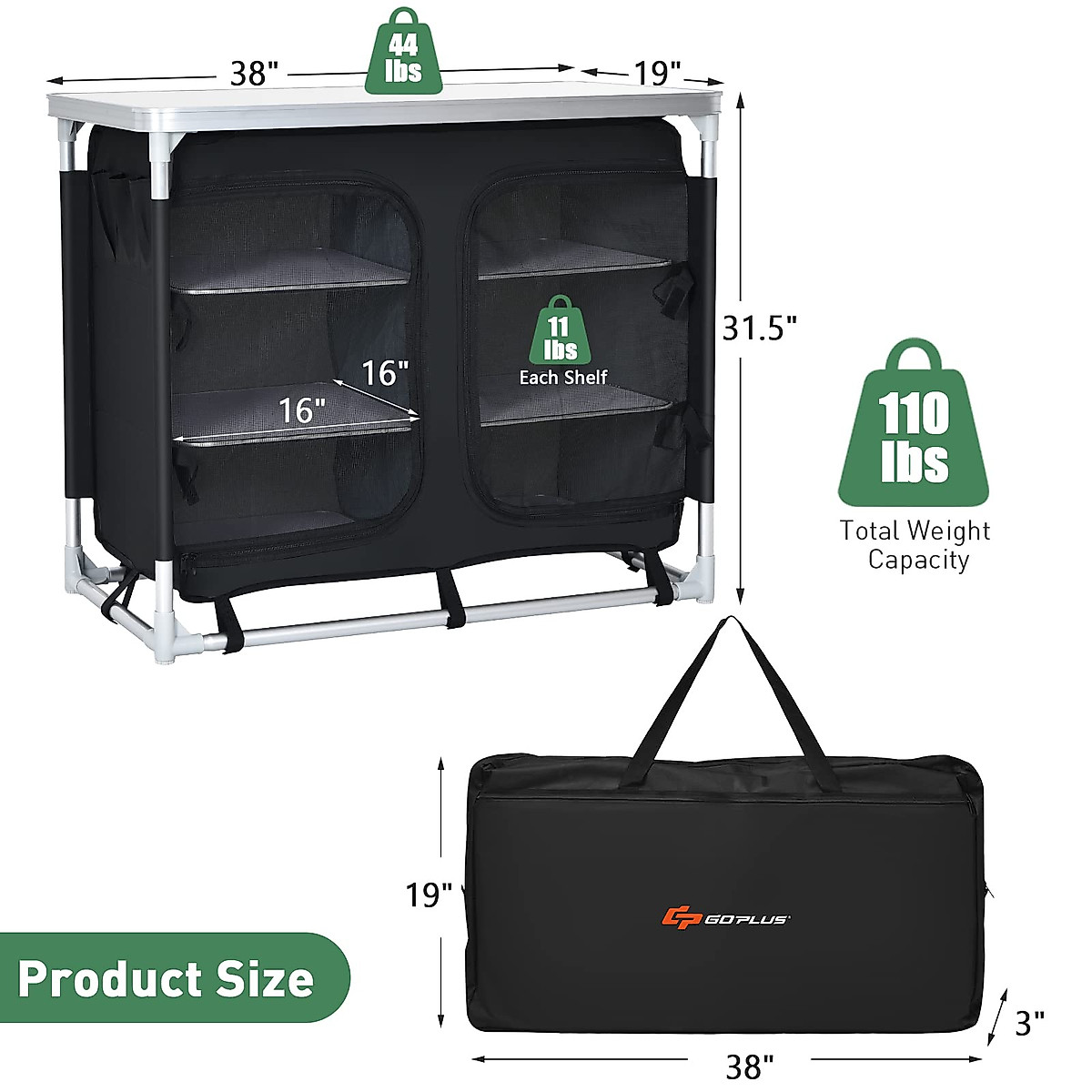 Goplus Camping Table with Storage, Aluminum Portable Camp Kitchen Cabinet Table with Carrying Bag, Lightweight Outdoor Cooking Table for Picnic Tailgating Beach BBQ Party RV (Black)