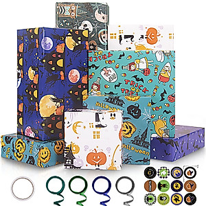 Rancco Halloween Wrapping Paper Set, 6 Sheets Witch Bat Ghost Pumpkin Cat Laser Gift Wrapping Paper w/Stickers and Ribbon for Halloween, Party, Birthday, Holiday,19.6 inch X 27.5 inch Per Sheet