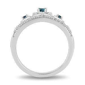 Jewelili Enchanted Disney Fine Jewelry Sterling Silver 2.7MM and 1.7MM Round Cut London Blue Topaz with 1/6 Cttw Natural White Round Diamonds Cinderella Tiara Ring Size 6