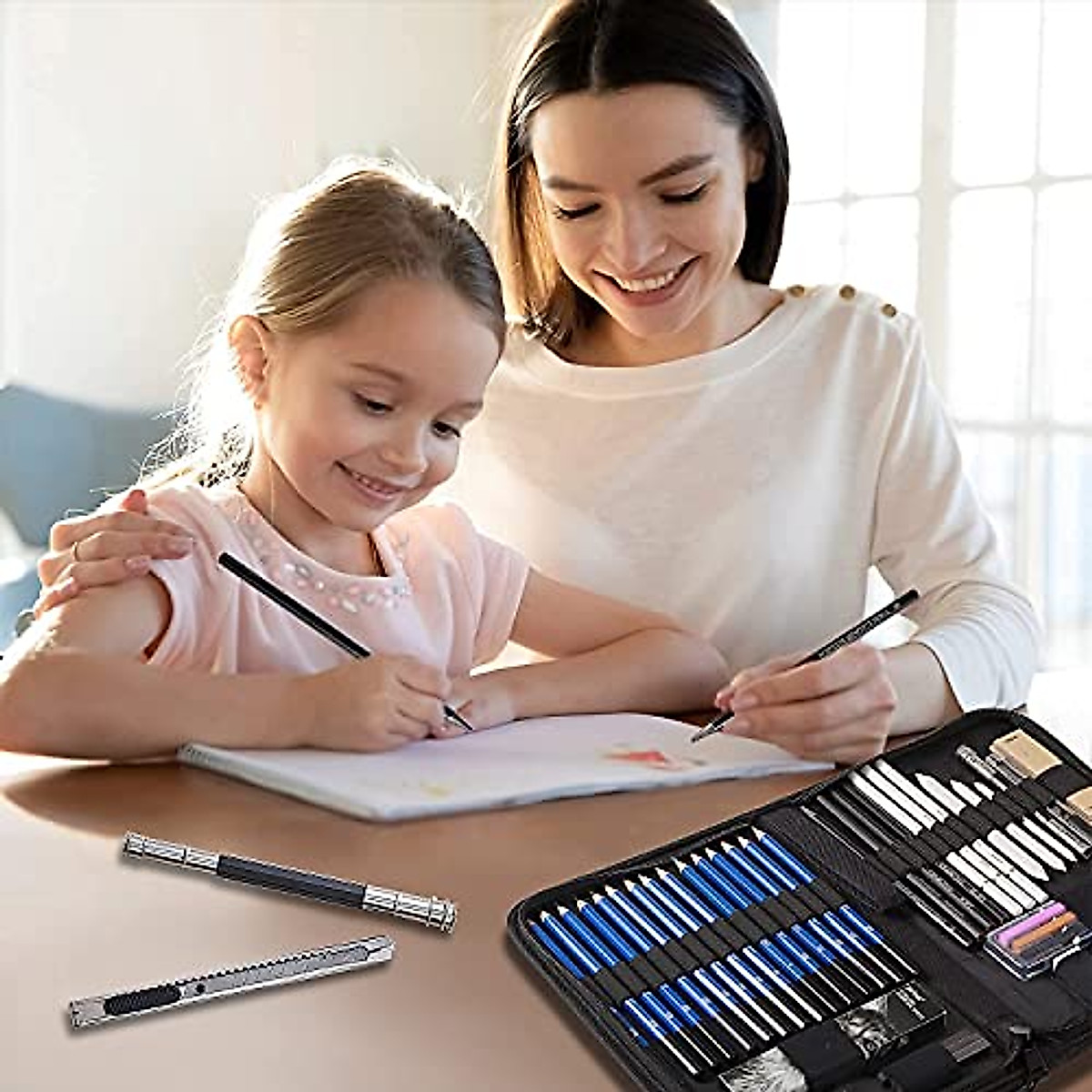 Prina 50 Pack Drawing Set Sketch Kit, Sketching Supplies with 3-Color Sketchbook, Graphite, and Charcoal Pencils, Pro Art Drawing Kit for Artists Adults Teens Beginner Kid, Ideal for Shading, Blending