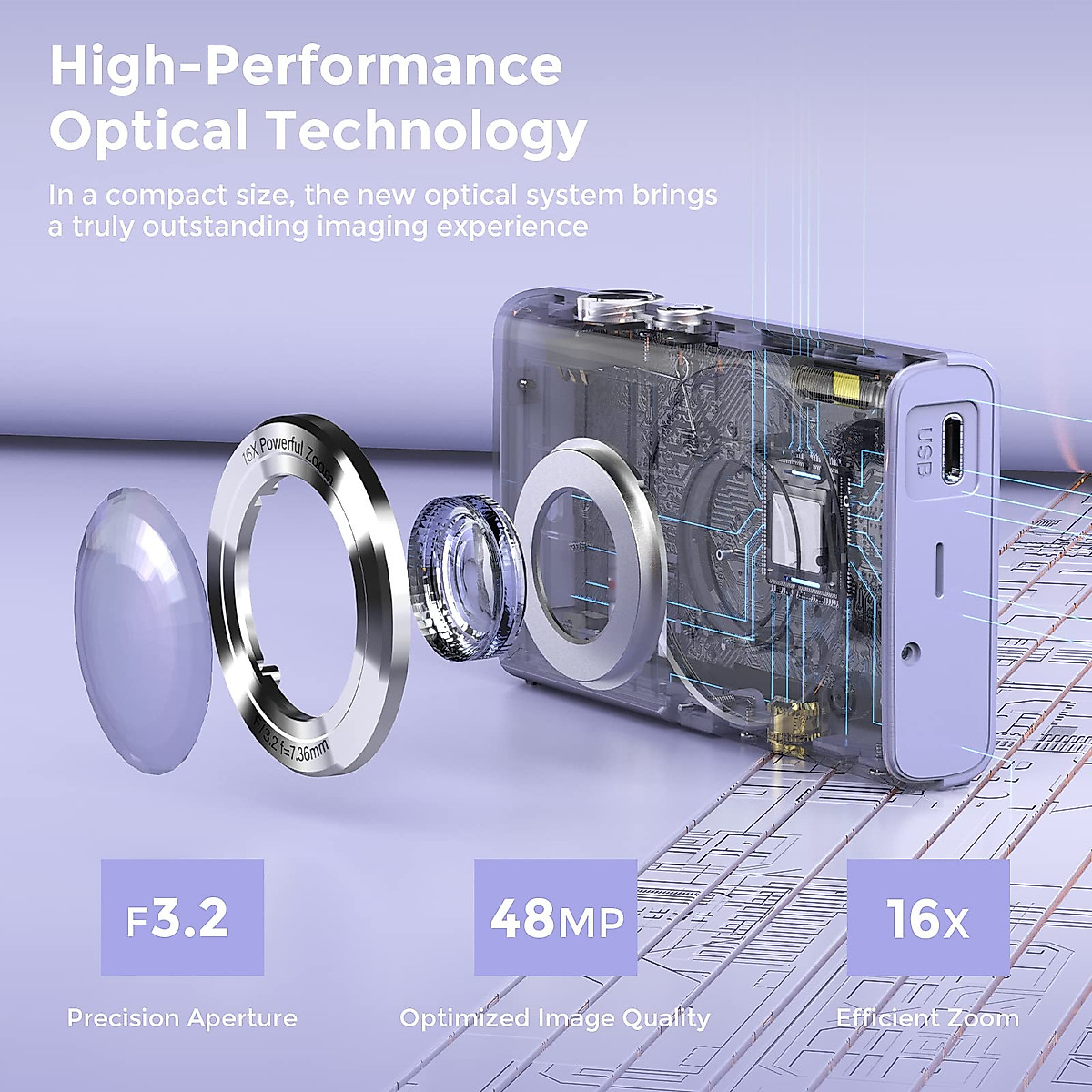 Jckduhan Digital Camera Auto Focus 2.7K Vlogging Camera HD 48MP 16X Digital Zoom Camera with 32G Memory Card 2 Batteries YouTube Portable Mini Compact Camera for Kids Teens Adult Beginner