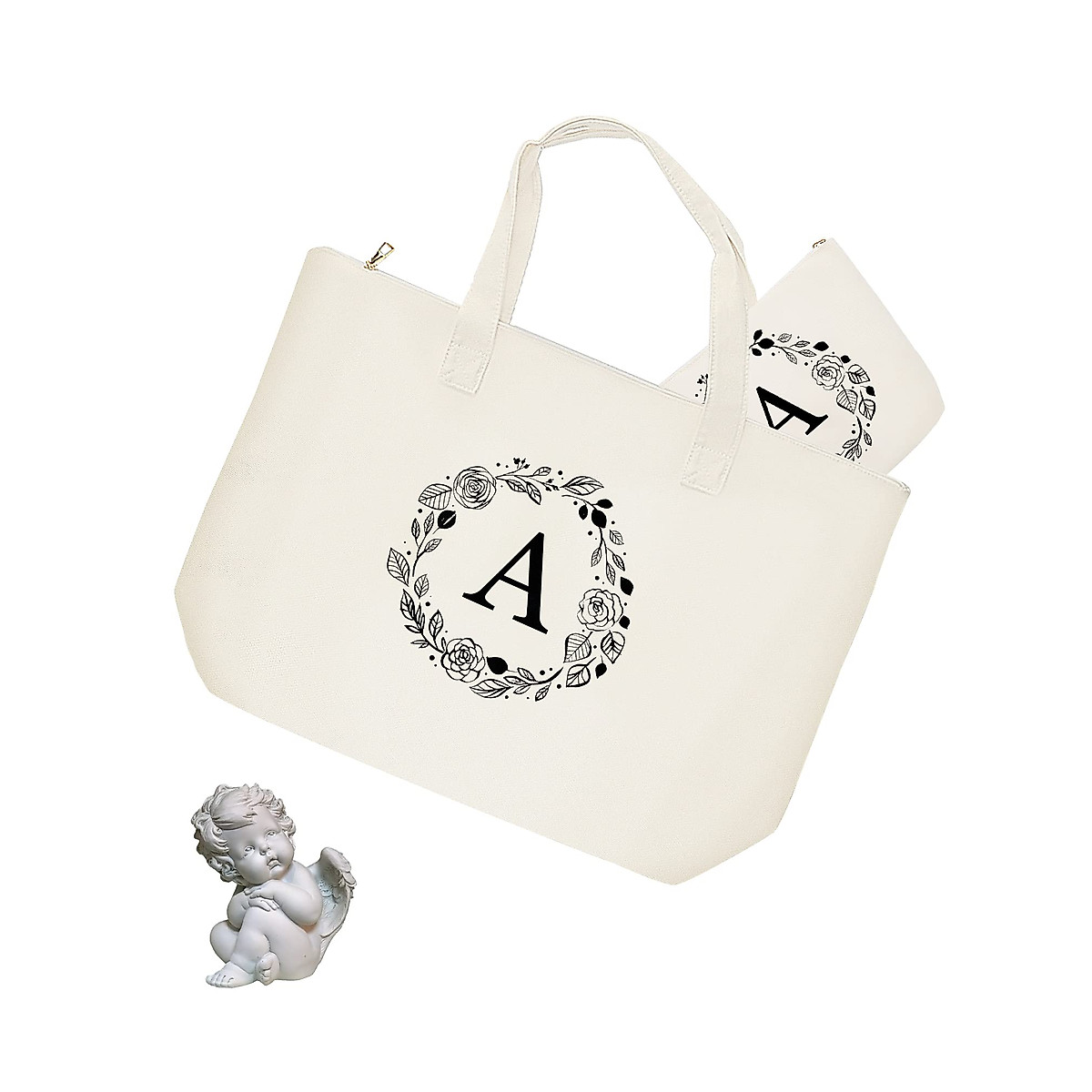 Binggemen Personalized Initial Canvas Tote Bag with Zipper, Present Bag with Inner Pocket & Make Up Bag, Great Gifts for Women, Mom, Teachers, Friends, Bridesmaids
