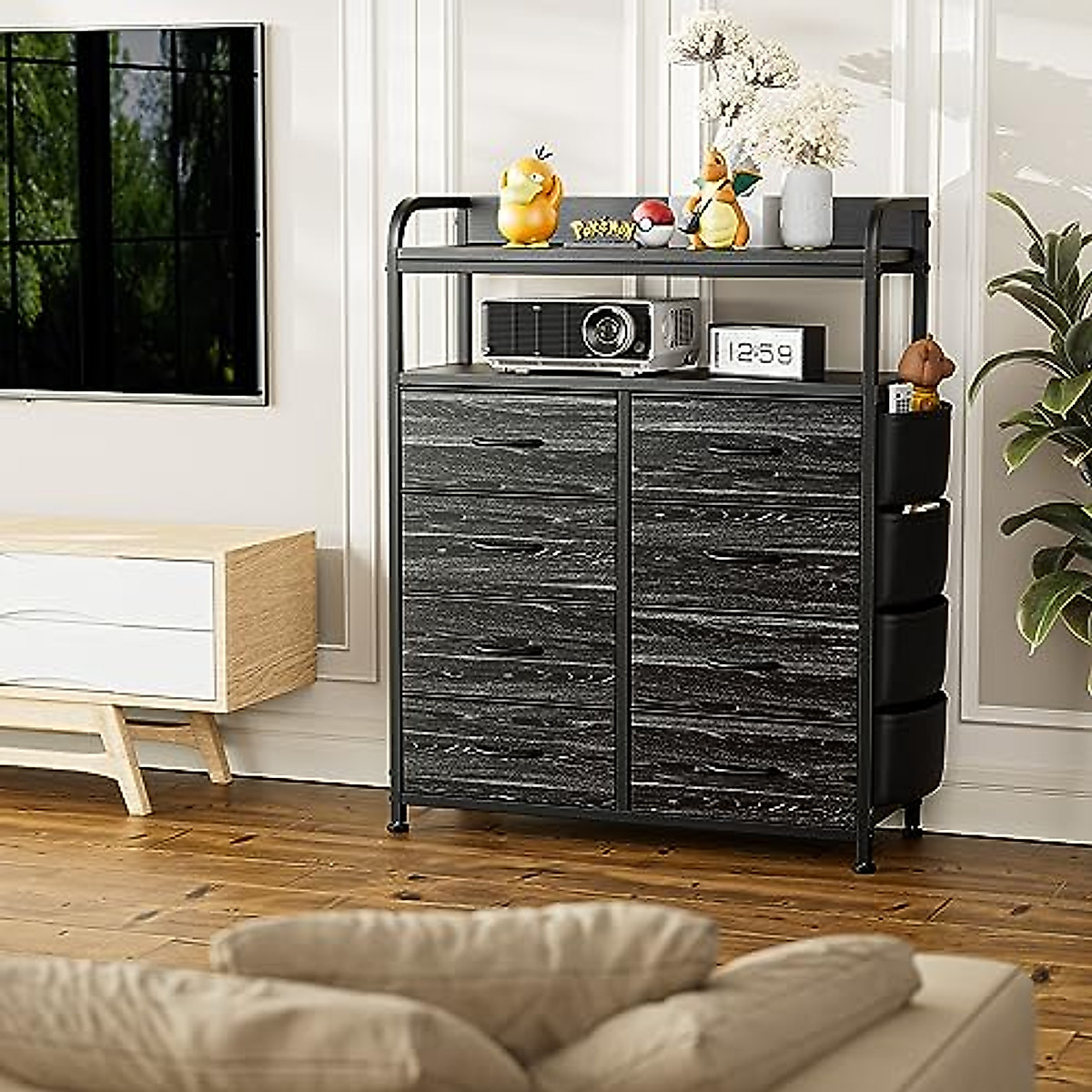 Lulive 8 Drawer Dresser with Shelves, Chest of Drawers for Bedroom with Side Pockets and Hooks Fabric Storage Tower Organizer for Nursery Hallway, Closet, Wood Top (Charcoal Black), (Dressers-HI1349)