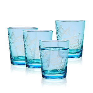 Fitz and Floyd Wildflower Set of 4 Double Old Fashioned Rocks Whiskey Glass, 12 Ounce, Blue