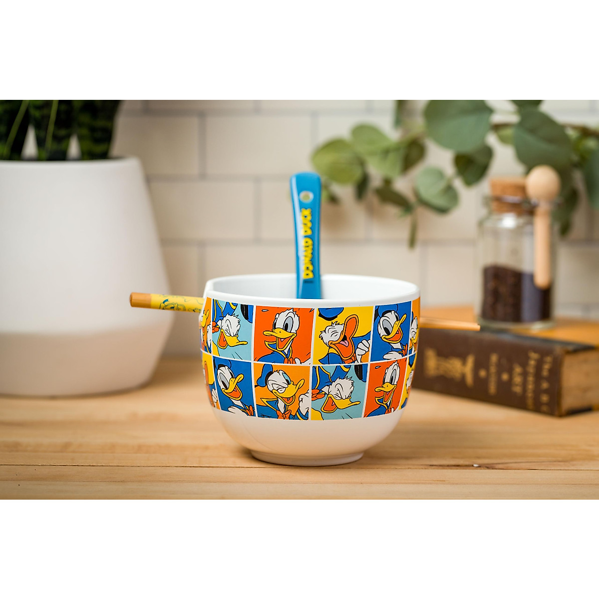 Silver Buffalo Disney Donald Duck Expressions Ceramic Ramen Noodle Rice Bowl with Chopsticks and Spoon, Microwave Safe, 20 Ounces