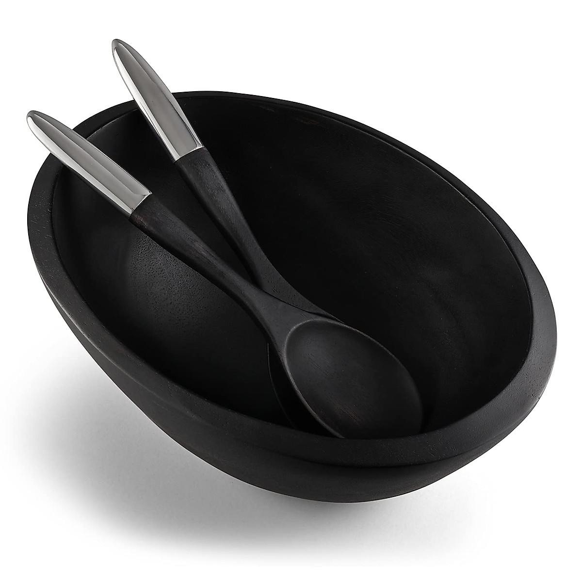 nambe Noir Dark Stained Salad Bowl and 2 Servers with Nambe Alloy Accents | Measures 15" x 10" | Made with Acacia Wood and Nambe Alloy | Designed by Steve Cozzolino