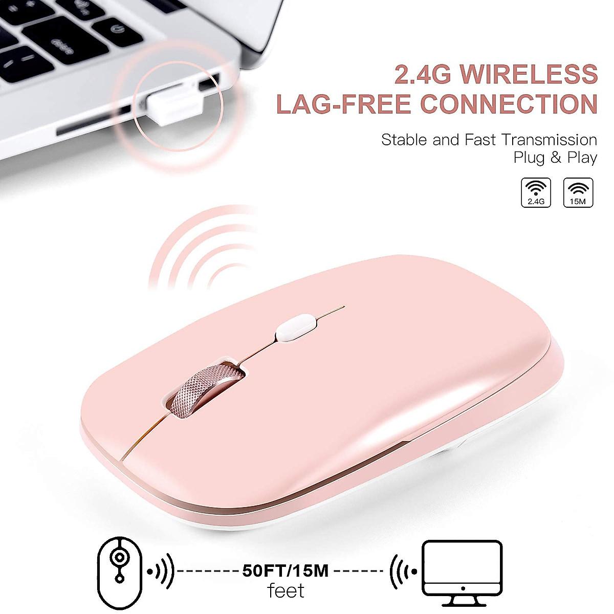 PINKCAT Wireless Flat Mouse, 2.4G Optical Mouse, Computer Mouse for Laptop, PC, Computer, Chromebook, Notebook, Especially Designed for Computer Bags (Pink)