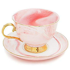 3-Piece Pink Marble Tea Cup and Saucer Gift Set for 1, 7 oz Teacup with Gold Spoon