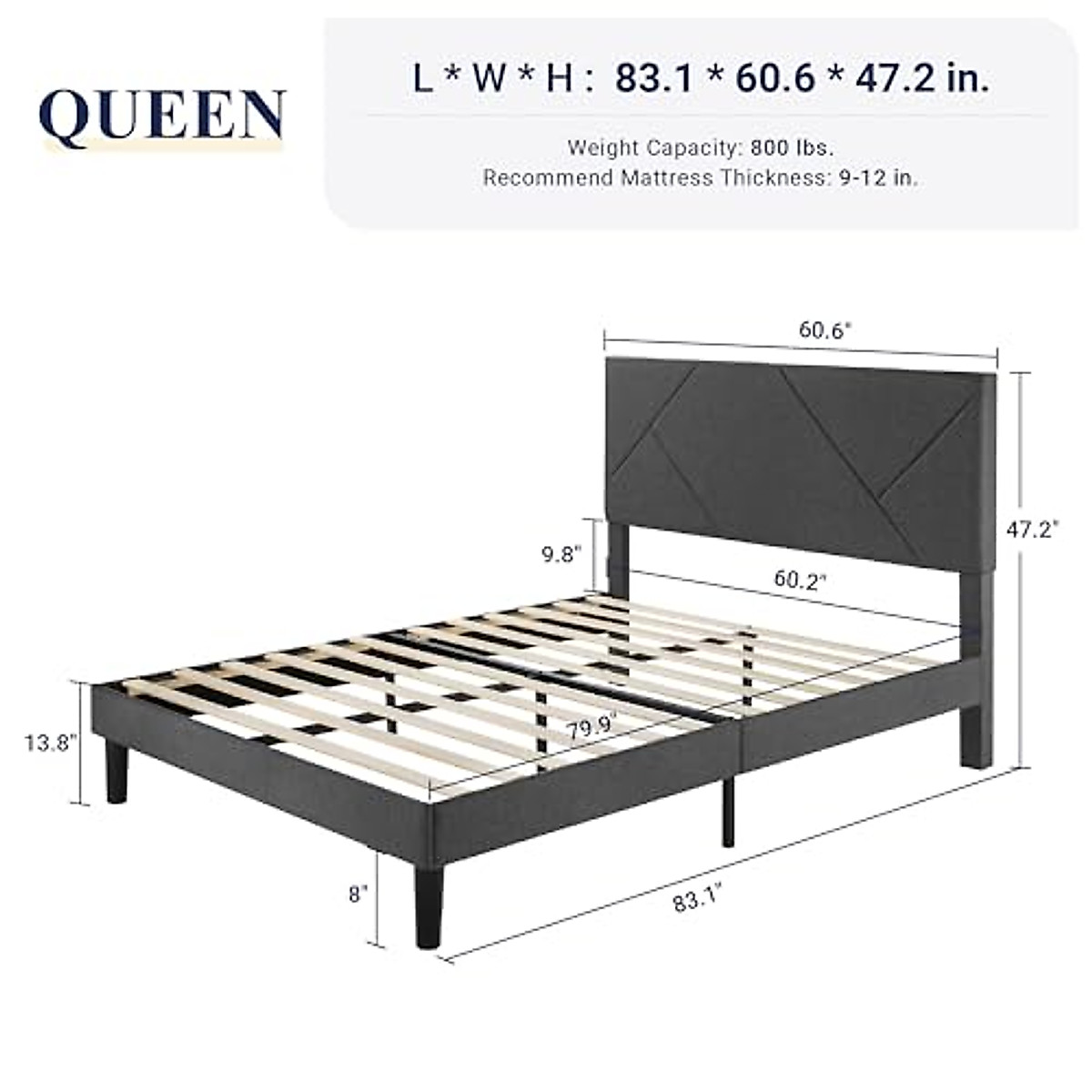 Allewie Queen Size Upholstered Bed Frame with Geometric Headboard, Heavy-Duty Platform Bed, No Box Spring Needed, Dark Grey
